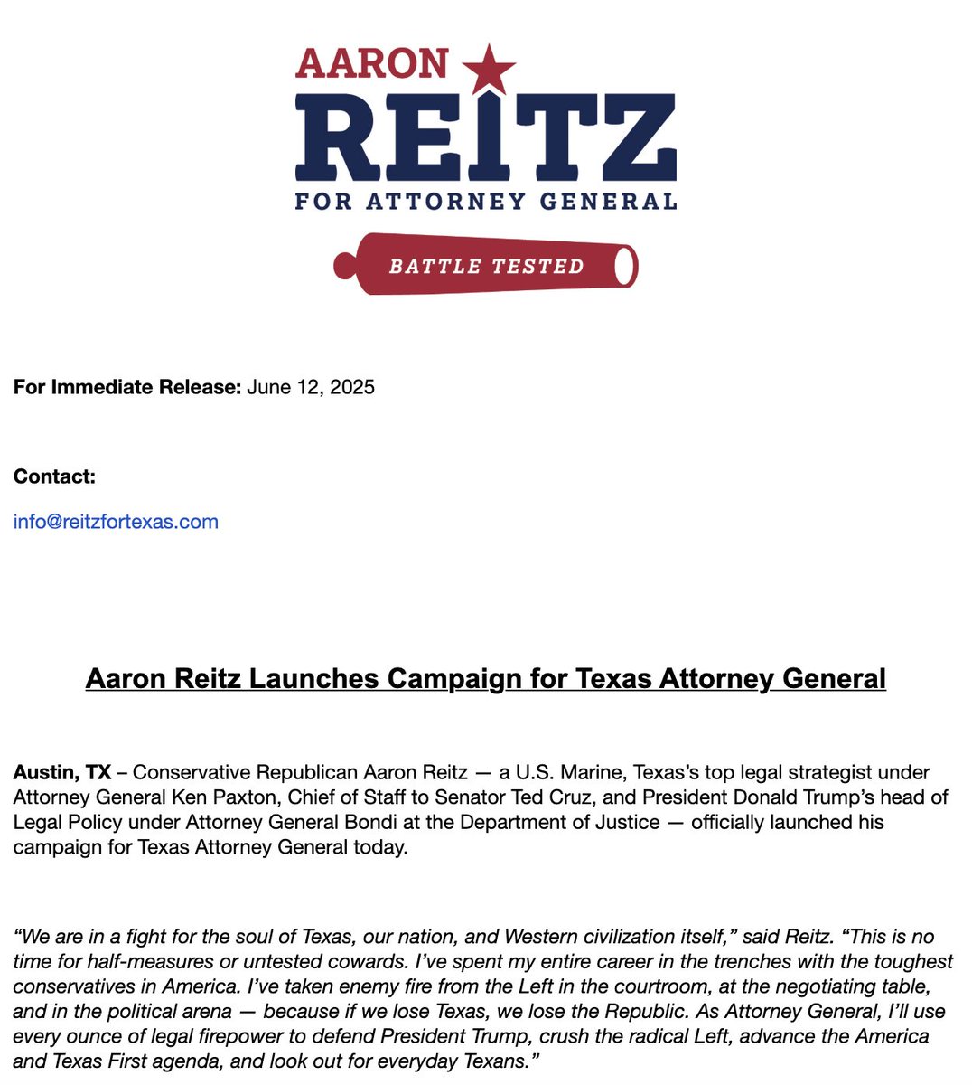 Aaron Reitz, Former Trump DOJ Policy Head, Launches Texas Attorney ...