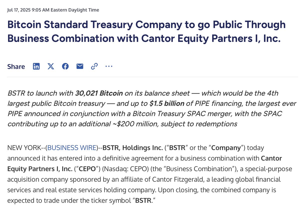 Adam Back’s BSTR to Go Public via Cantor SPAC With 30,021 Bitcoin | DeepNewz Stocks