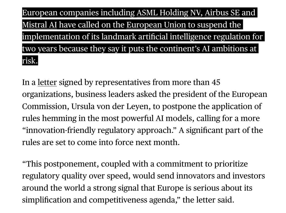 Airbus, ASML, BNP Paribas and 110+ Firms Urge EU to Delay AI Act Set for August 2025; Commission ...