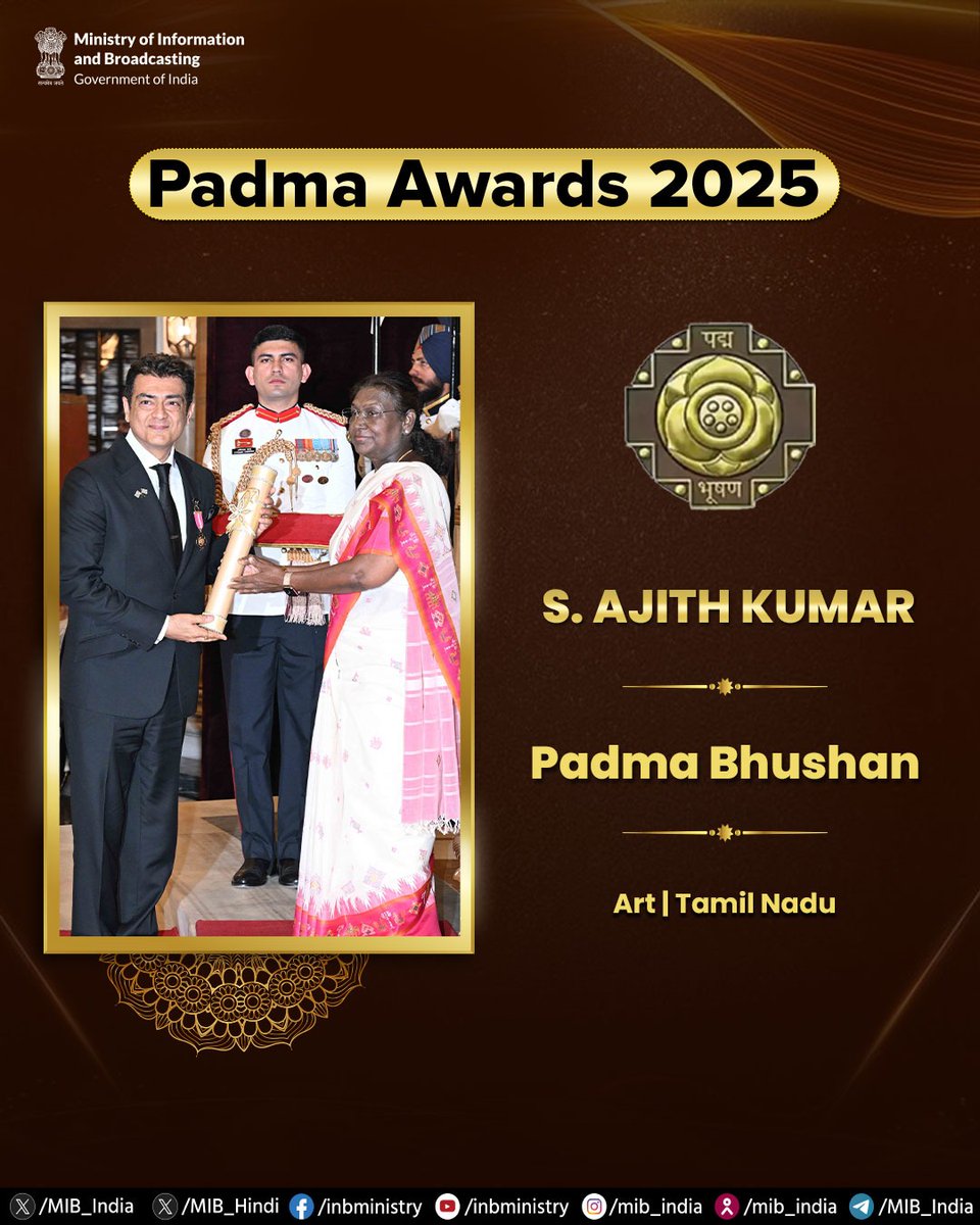 Ajith Kumar Receives Padma Bhushan for Contributions to Tamil Film Industry at Rashtrapati ...