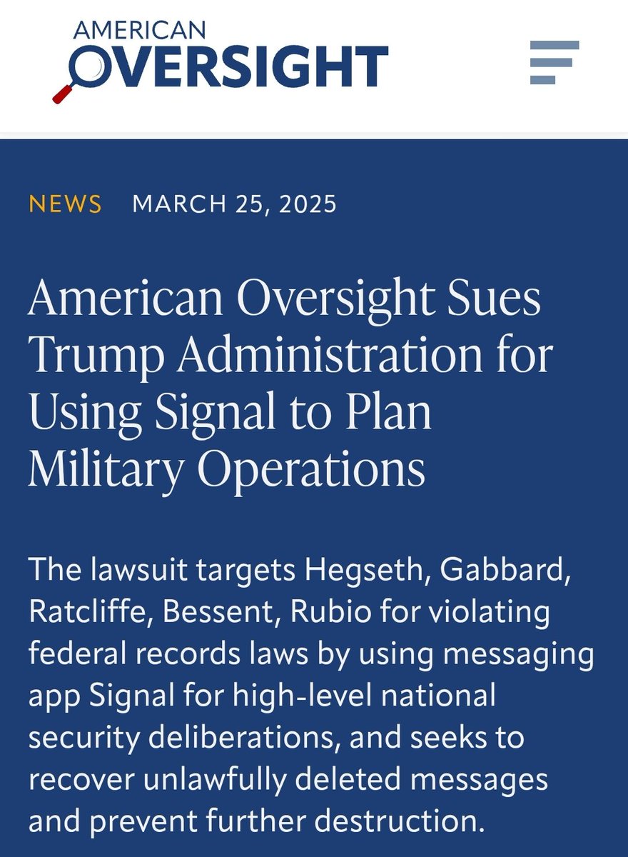 American Oversight Sues Five Trump Cabinet Members Over Signal Use in U.S. Military Strikes in ...
