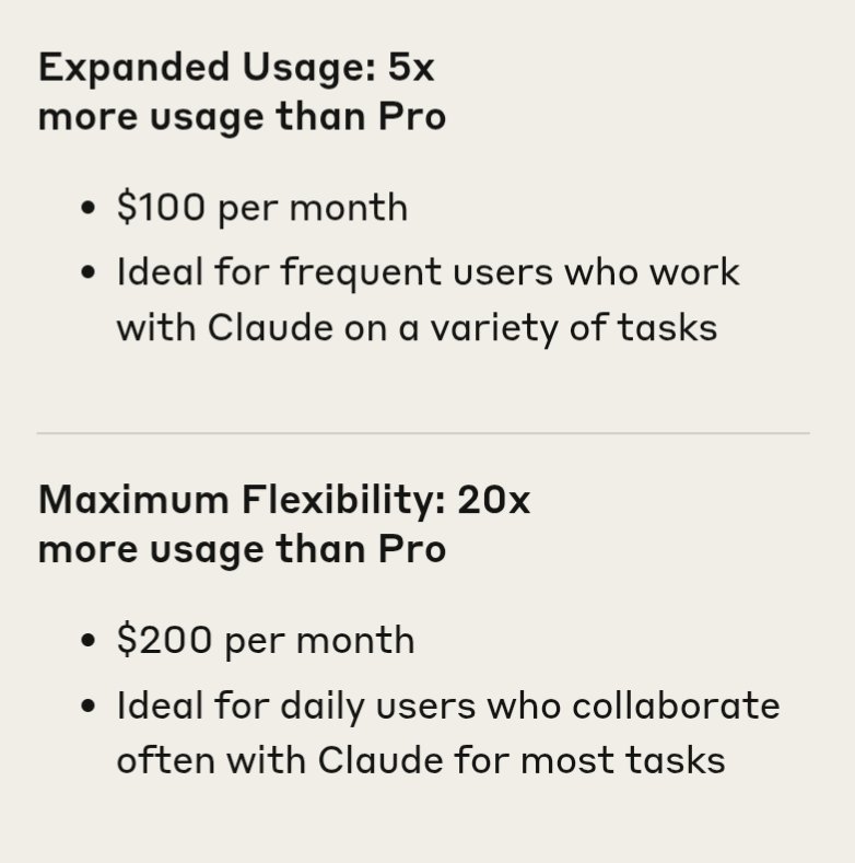 Anthropic's Claude Max Plan Offers $100 and $200 Tiers With 5x and 20x Usage Limits, Priority ...