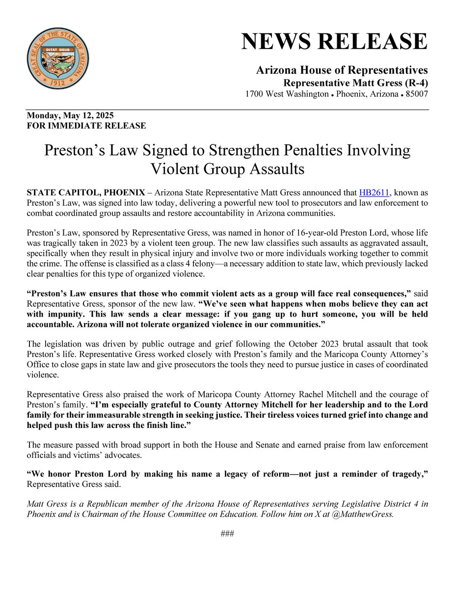 Arizona Gov. Hobbs Signs HB 2611 'Preston's Law' Upgrading Group ...