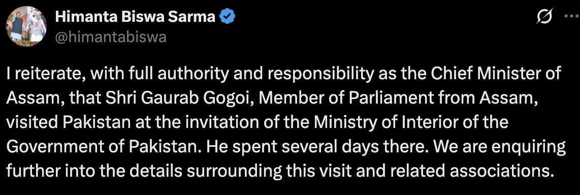 Assam CM Himanta Biswa Sarma Alleges Congress MP Gaurav Gogoi Trained with Pakistan’s ISI; Gogoi ...