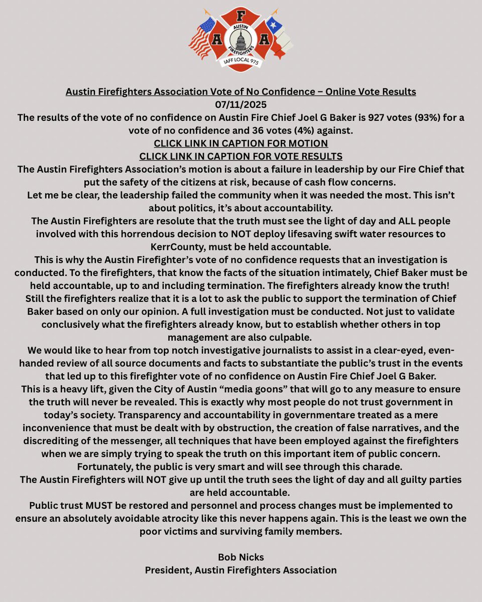 Austin Firefighters Association Votes 93% No Confidence in Chief Joel ...