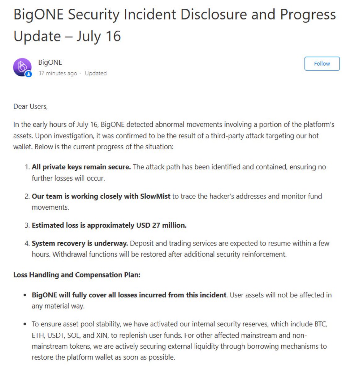 BigONE Crypto Exchange Loses $27 Million in Supply Chain Attack; Stolen Assets Converted, User ...