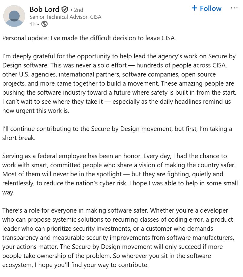 Bob Lord and Lauren Zabierek Resign Amid CISA Layoffs, Jeopardizing ...