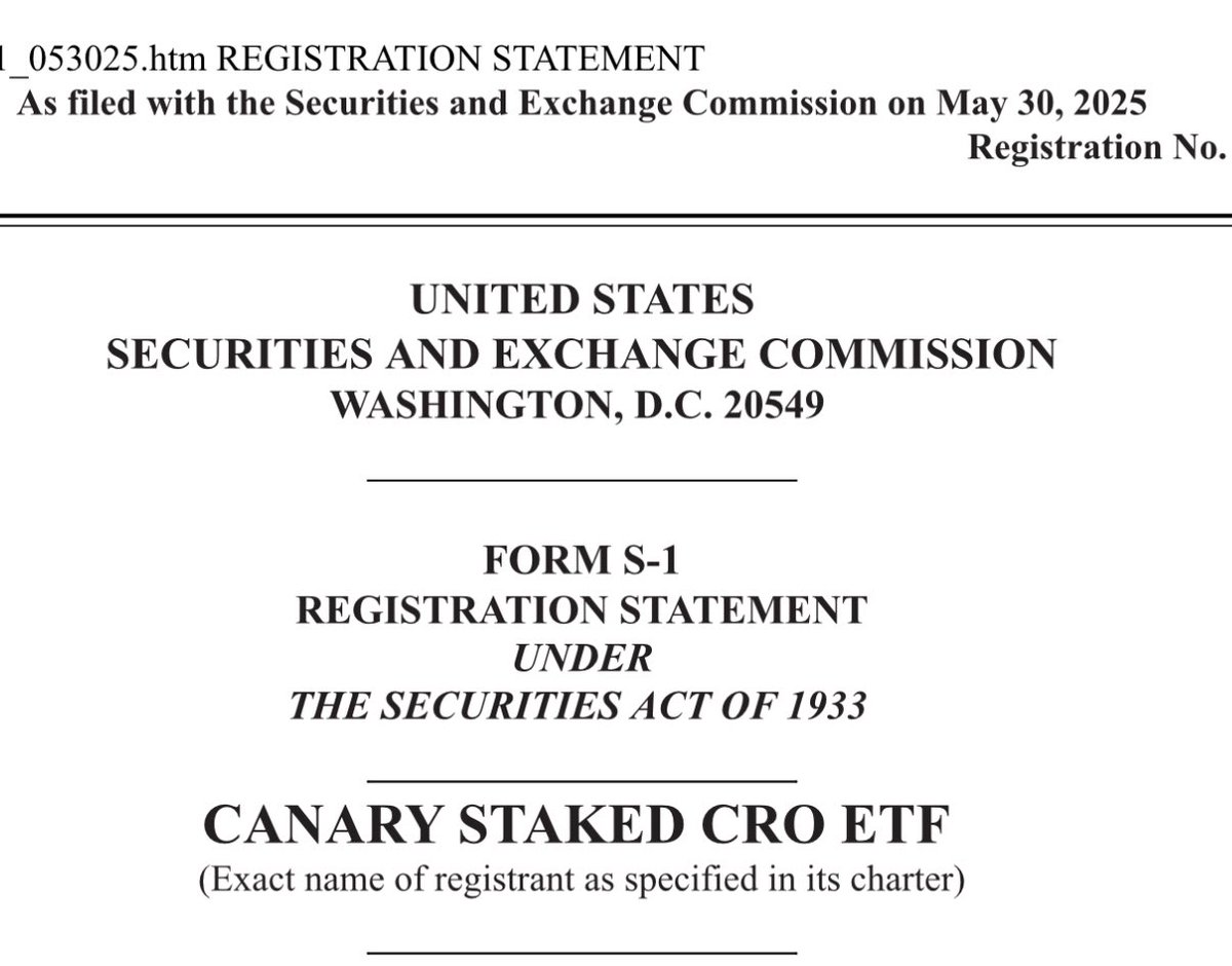 Canary Files S-1 With SEC for First U.S. Staked CRO ETF, Acting as ...