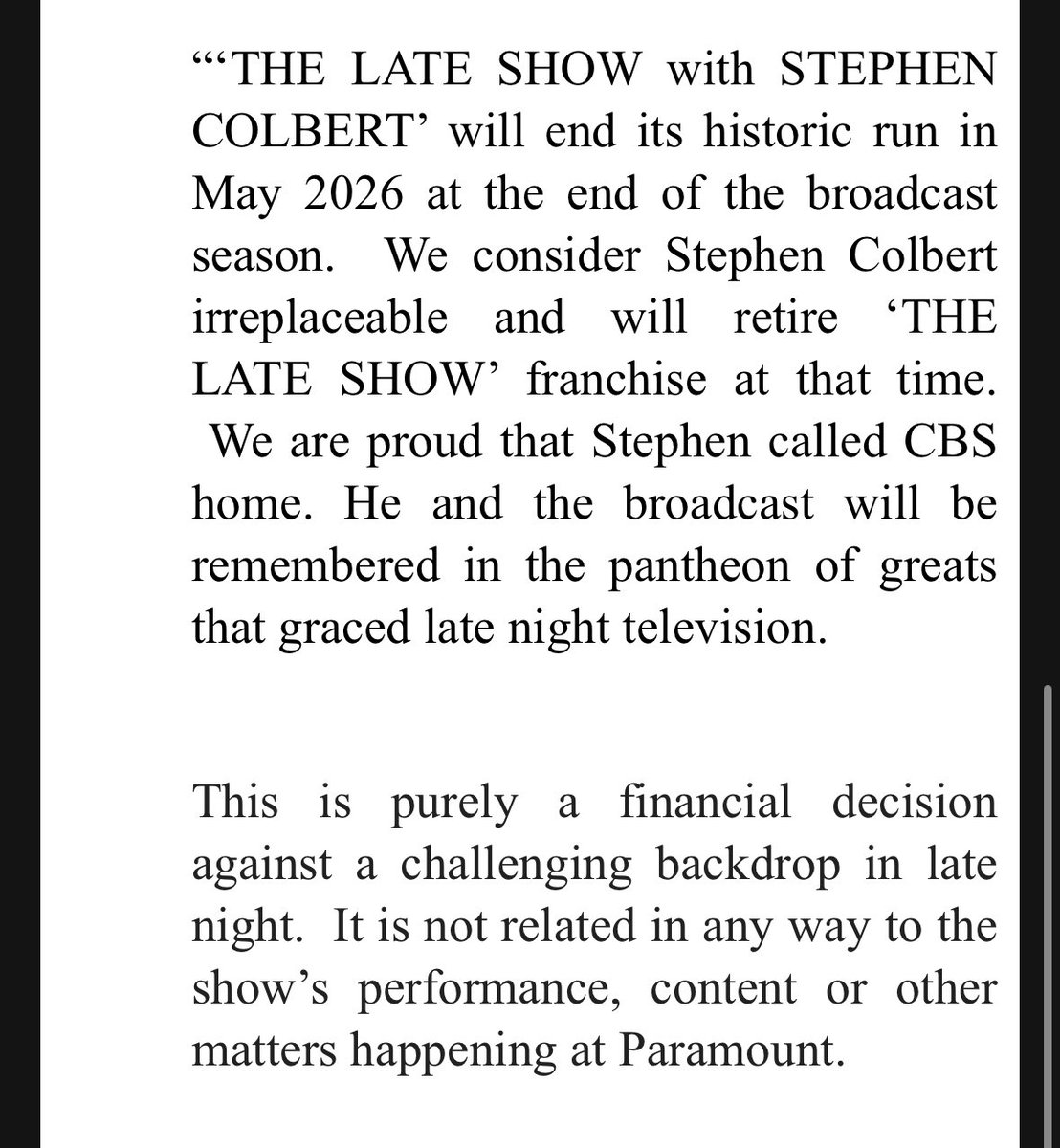 CBS to Cancel 'The Late Show With Stephen Colbert' in May 2026 After ...