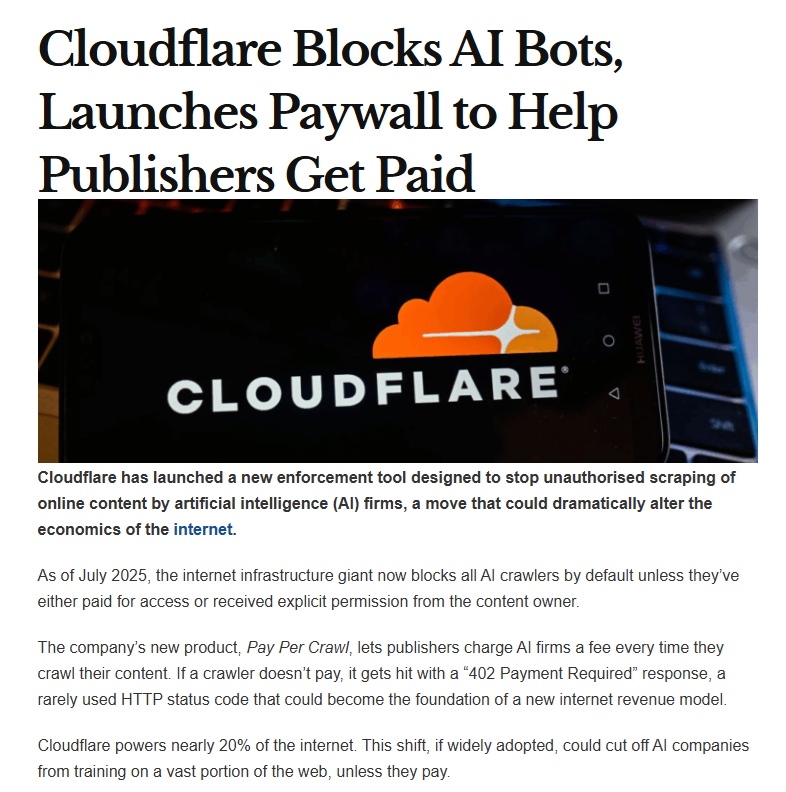 Cloudflare Blocks AI Crawlers, Unveils Pay-Per-Crawl Charging Scheme | DeepNewz Policy