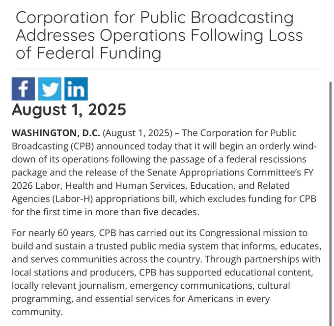 Corporation for Public Broadcasting to Shut Down in 2026 After Federal ...