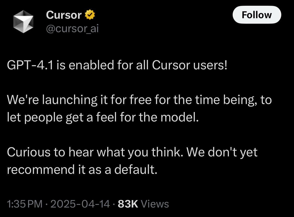 Cursor Launches Free GPT-4.1 Access for All Users, Not Yet Recommended as Default | DeepNewz AI ...