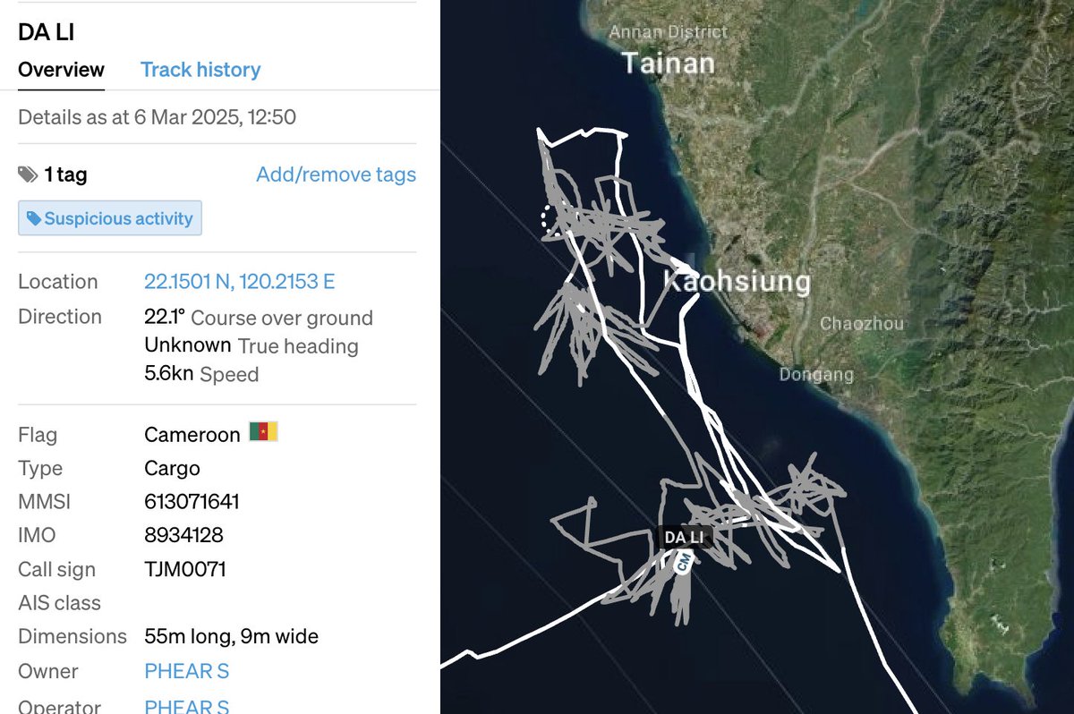 Da Li Cargo Ship Continues to Loiter Off Taiwan Since January 2024 as ...
