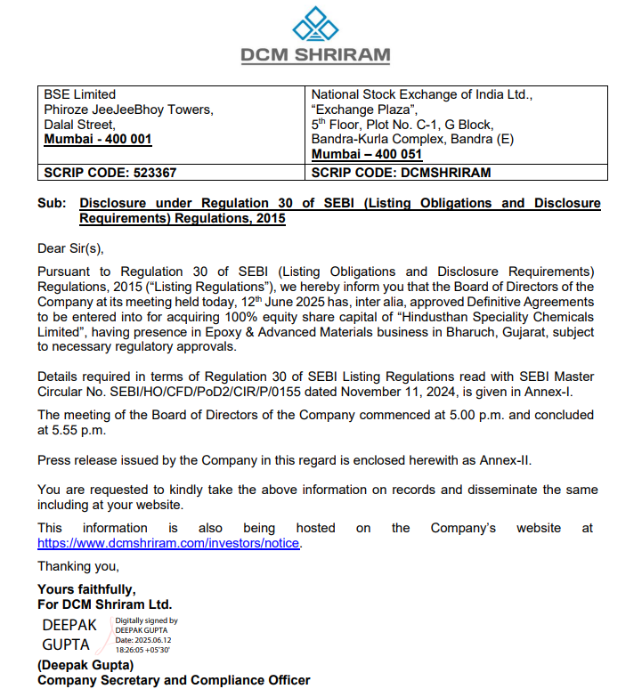 DCM Shriram Acquires Hindusthan Specialty Chemicals for ₹375 Crore ...