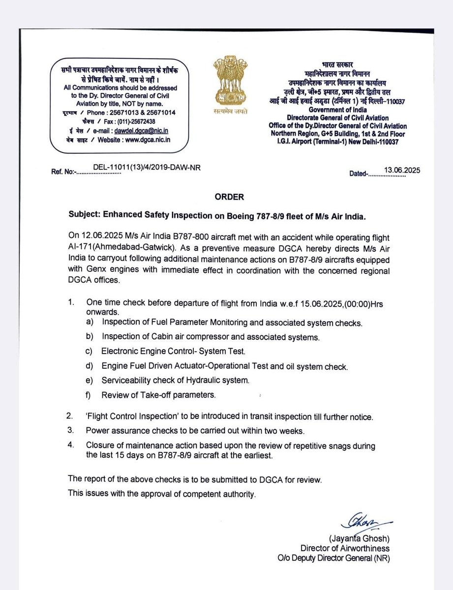 DGCA Orders Enhanced Safety Checks on Air India Boeing 787 Fleet After ...