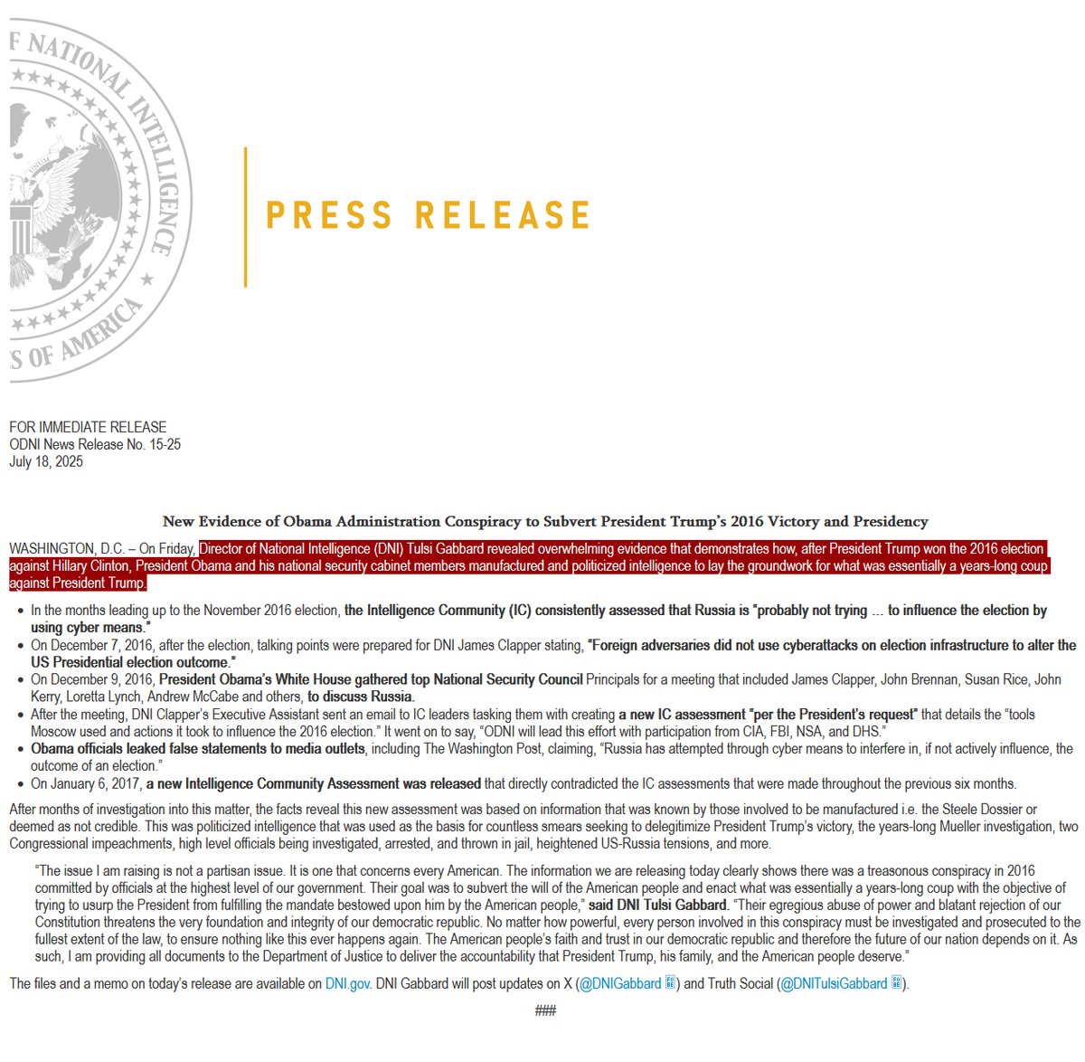 DNI Gabbard Releases Documents Alleging Obama-Era Plot Against Trump ...
