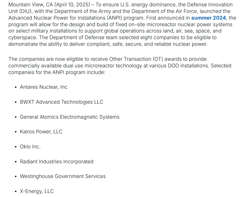 DOD Selects Radiant Nuclear, Oklo Inc., BWX Technologies, and Others ...