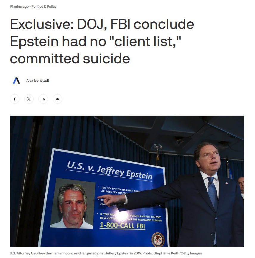 DOJ and FBI Close Epstein Review, Confirm Suicide and No Client List ...