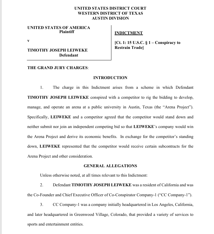 DOJ Indicts Oak View Group CEO Tim Leiweke for Texas Arena Bid Rigging ...