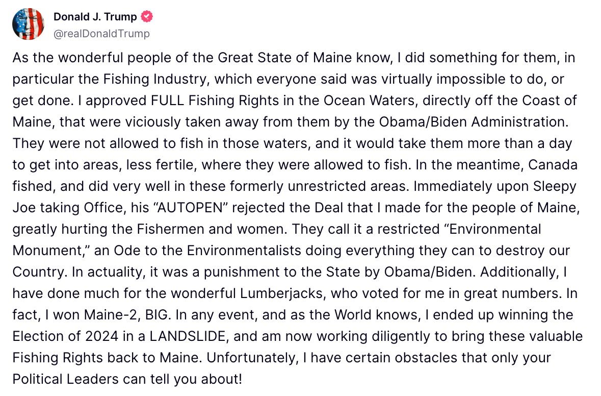 Donald Trump Approves Full Fishing Rights Off Maine Coast, Criticizes Biden-Harris, Vows to ...