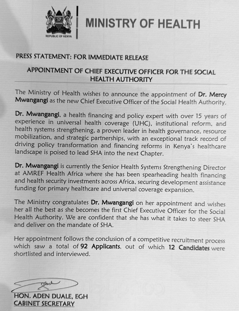 Dr. Mercy Mwangangi Appointed CEO of Kenya’s Social Health Authority ...