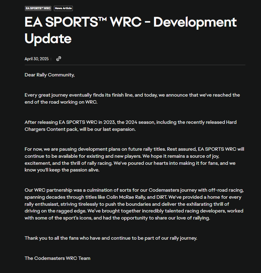 EA Pauses Codemasters Rally Games After 25 Years, Ends WRC Series Amid ...