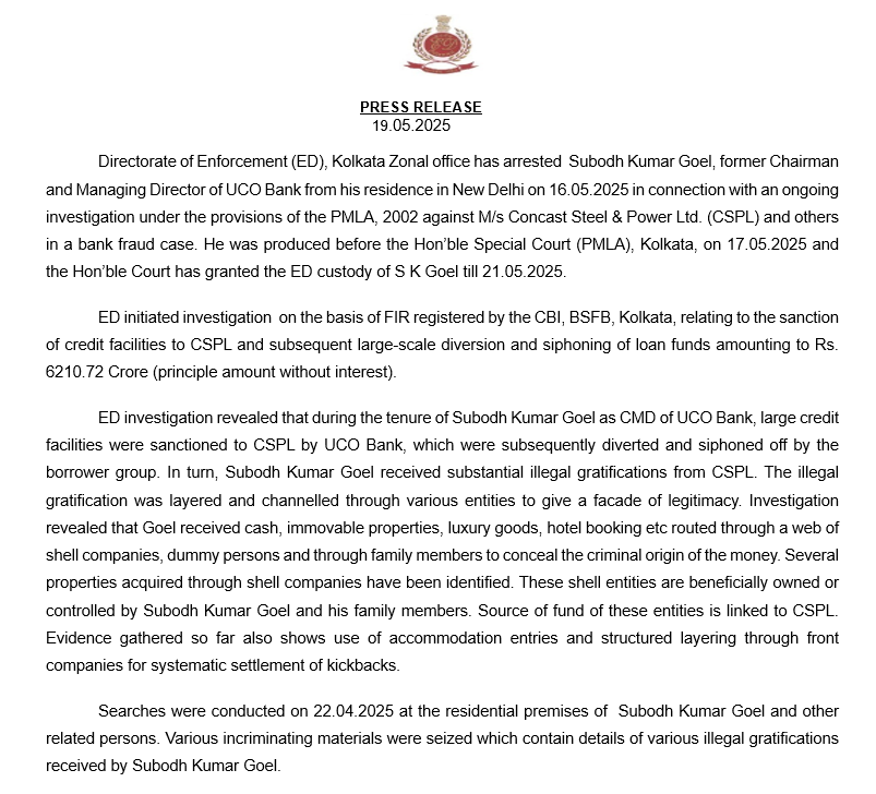 ED Arrests Former UCO Bank Chairman Subodh Kumar Goel in Concast Steel ...