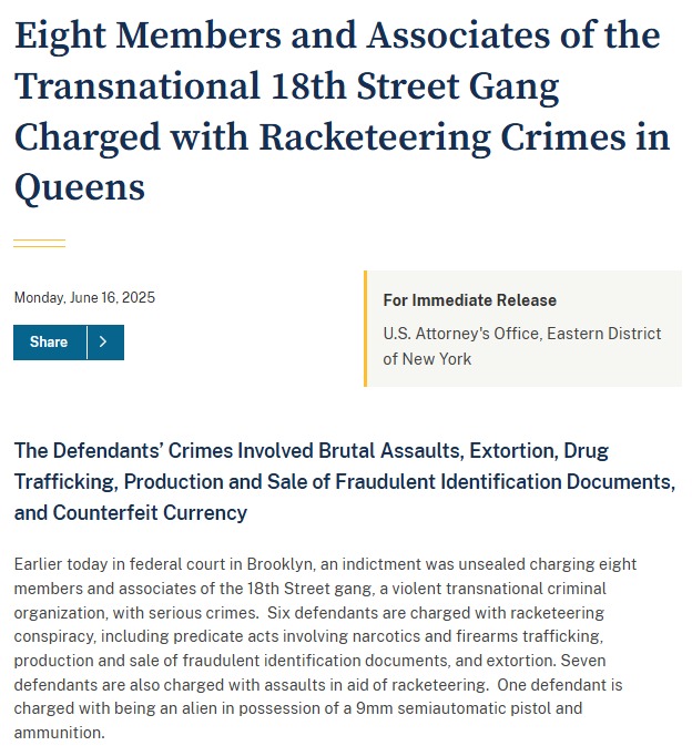 Eight 18th Street Gang Members Indicted in Queens on Racketeering, Drug ...