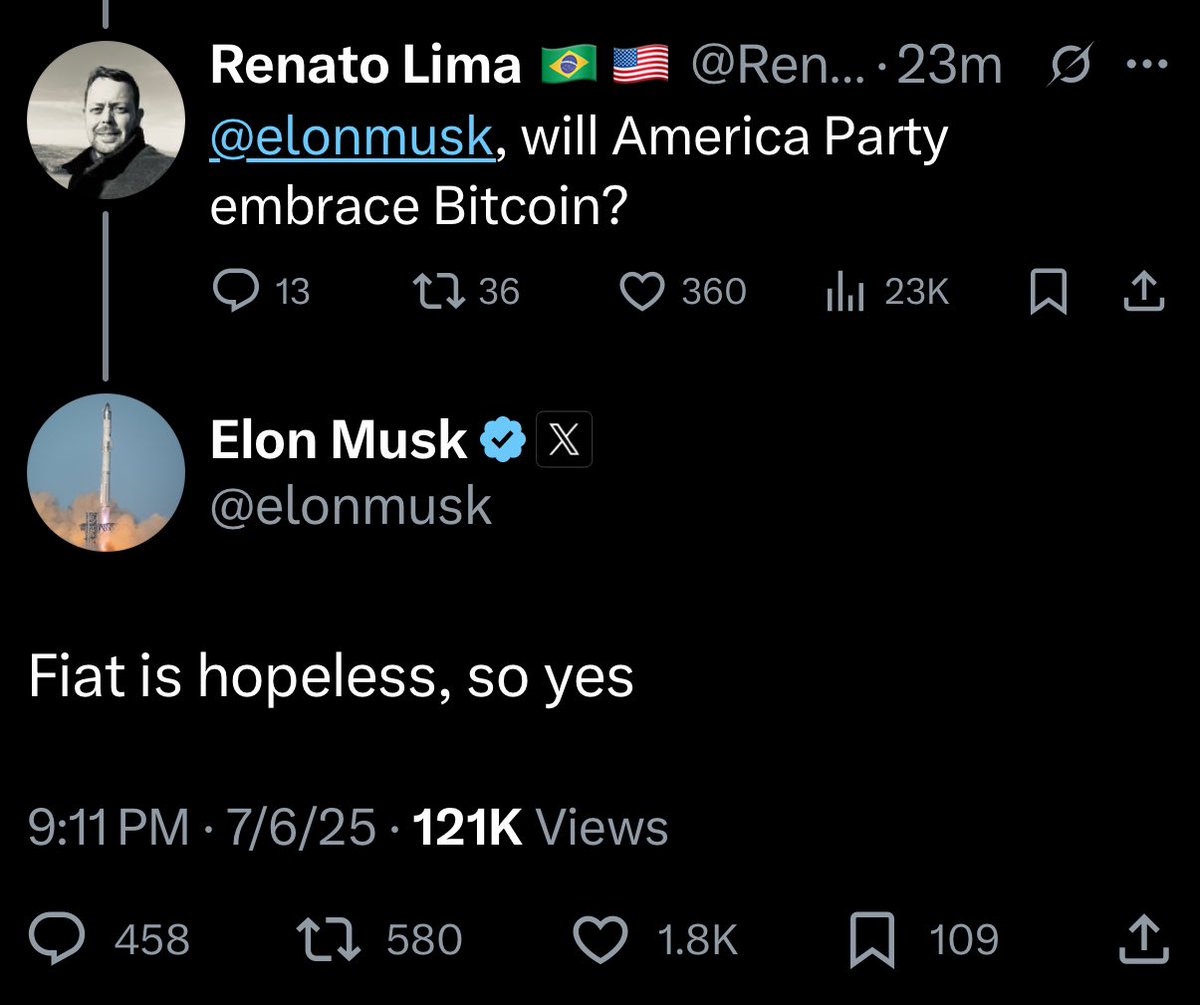 Elon Musk Says America Party Embraces Bitcoin, Calls Fiat 'Hopeless ...