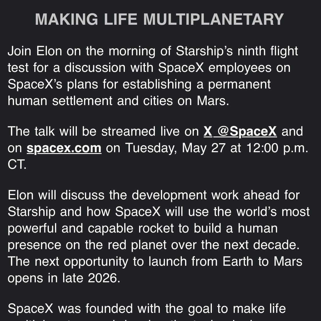 Elon Musk to Present Mars Settlement Plans May 27 at Starbase, Texas ...