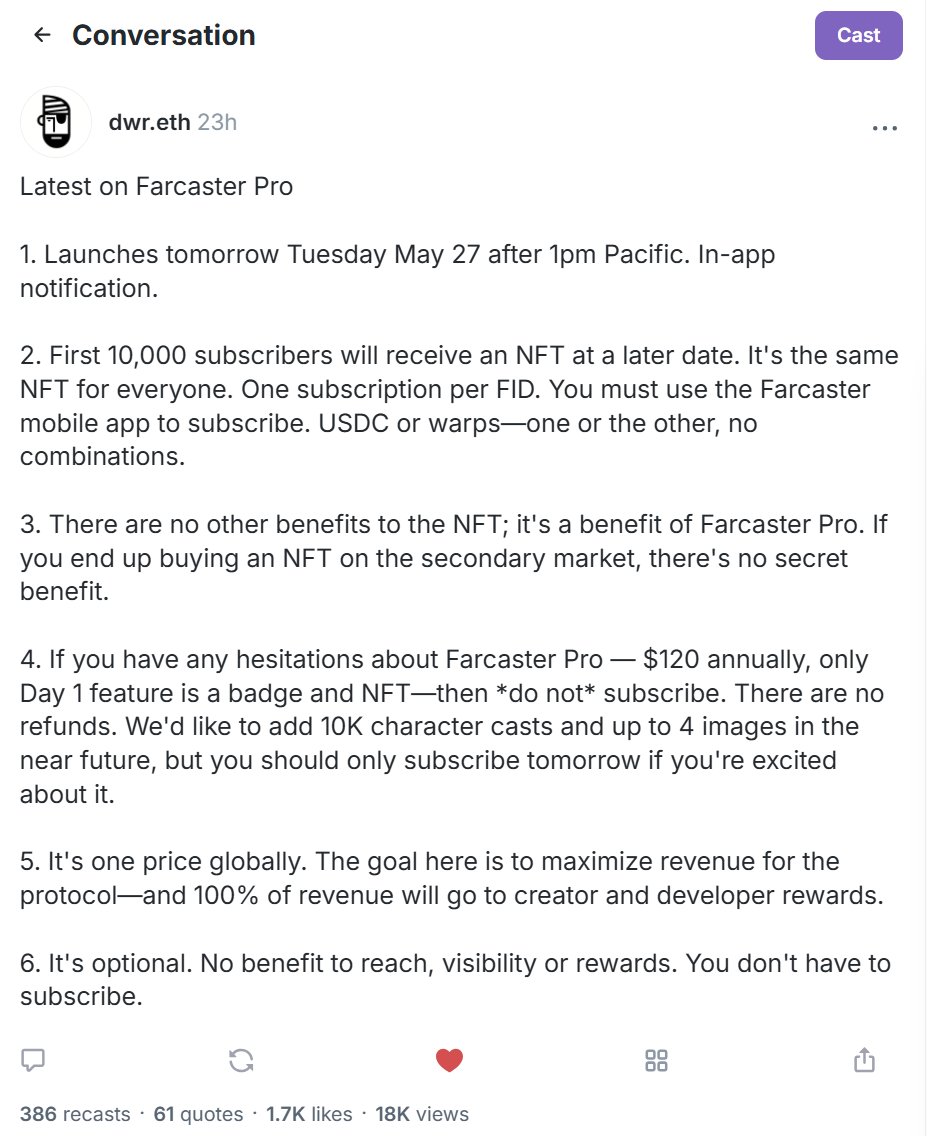 Farcaster Sells 10,000 Pro Subscriptions at 120 USDC Each, Offering NFTs and Raising $1.2 ...
