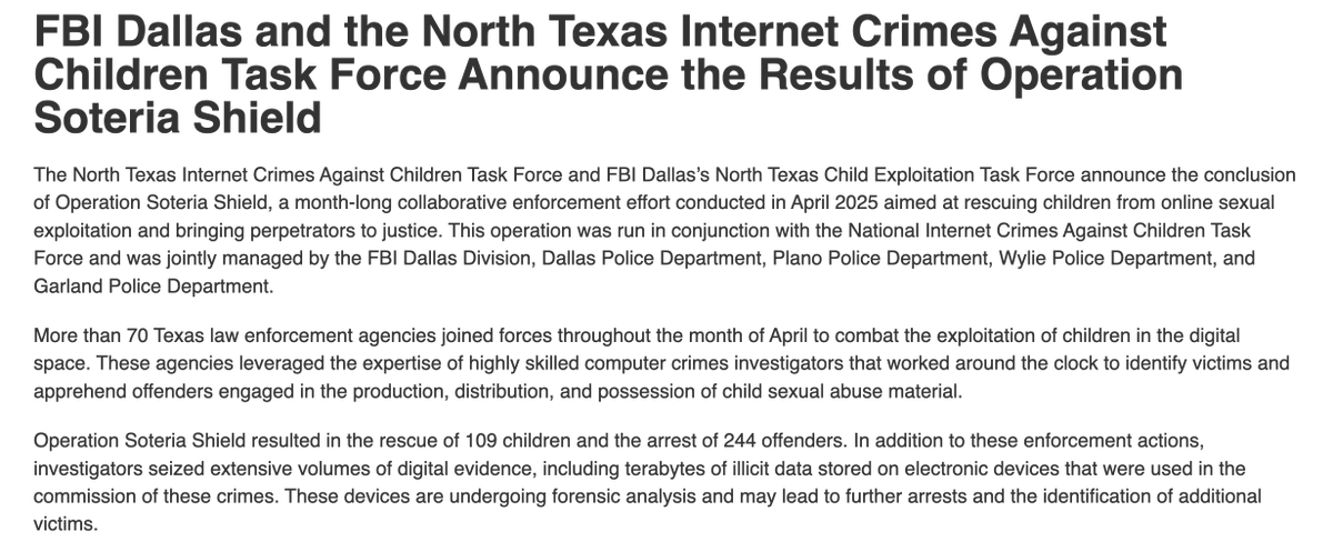 FBI and Over 70 Texas Agencies Rescue 109 Children, Arrest Nearly 250 ...