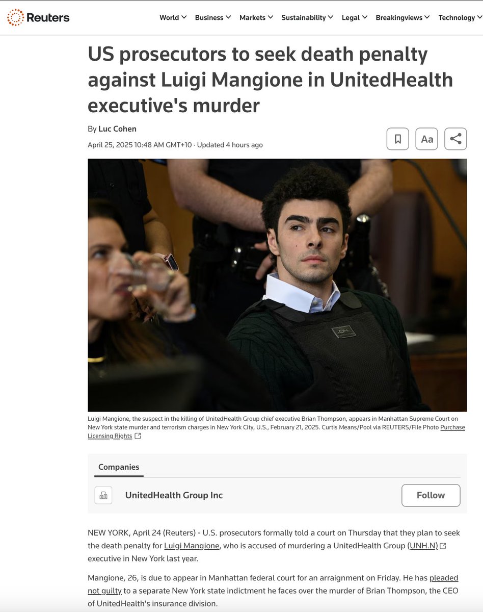 Federal Prosecutors Seek Death Penalty for Luigi Mangione in Murder of UnitedHealthcare CEO ...