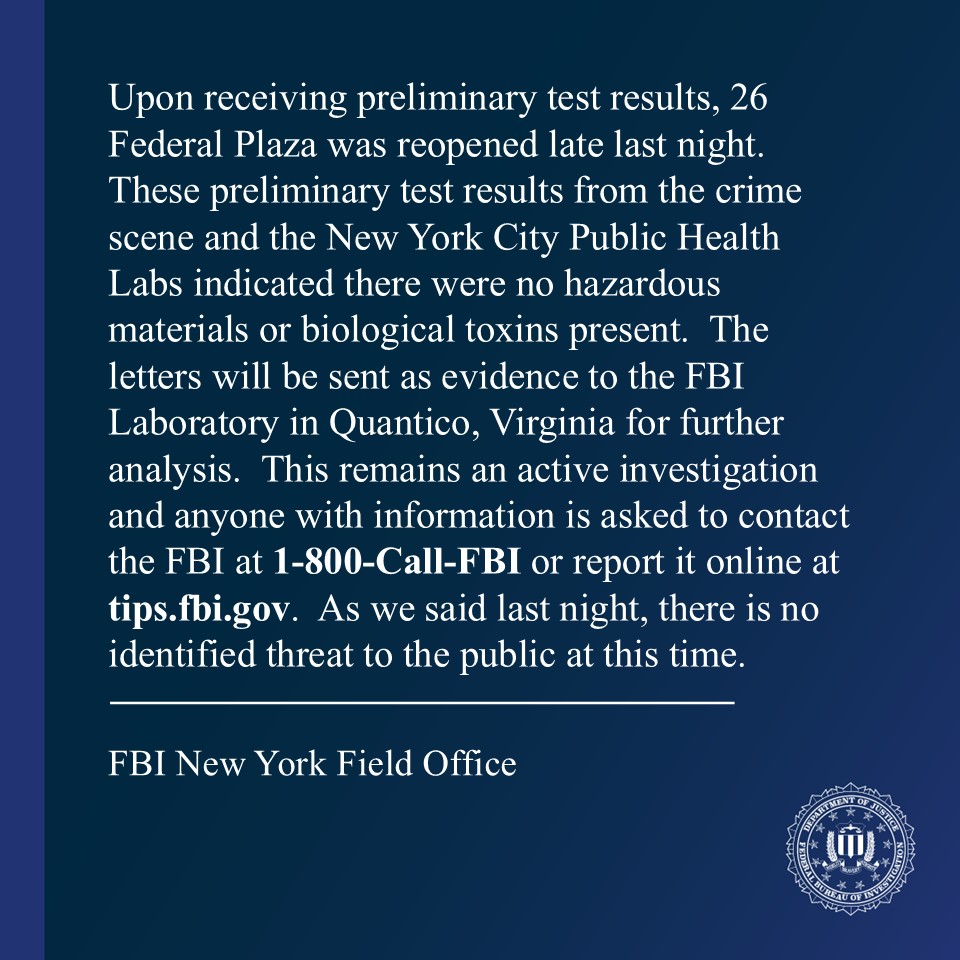 Five Envelopes With Suspicious White Powder Found at 26 Federal Plaza ...