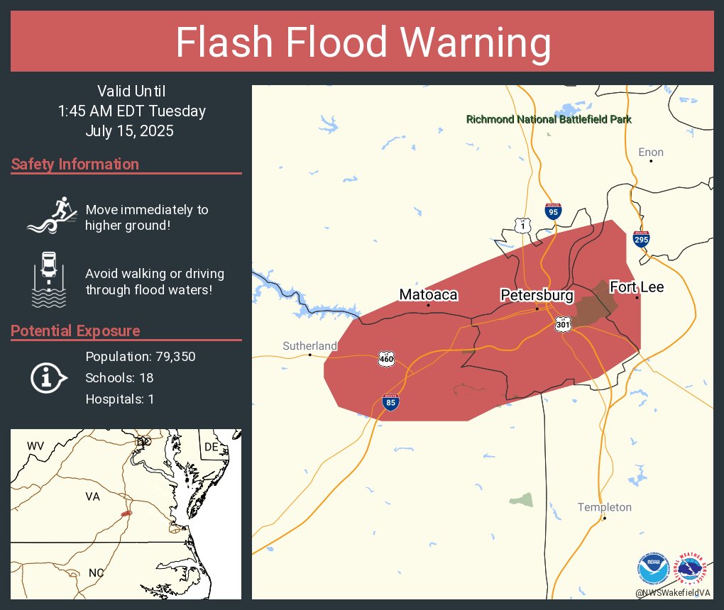 Flash Flood Emergency in Petersburg, Virginia with 18-Inch Flooding and ...
