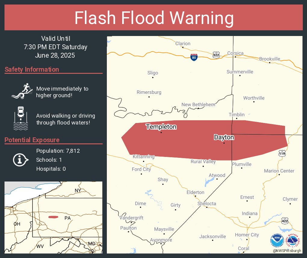 Flash Flood Warnings Issued for Multiple Pennsylvania Counties Through June 28 Advising ...