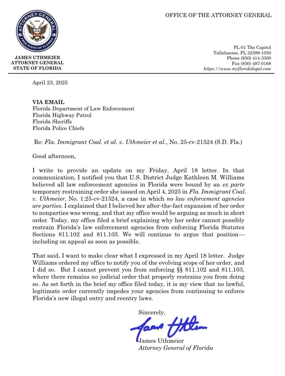 Florida Attorney General James Uthmeier Defies Federal Court Order on ...