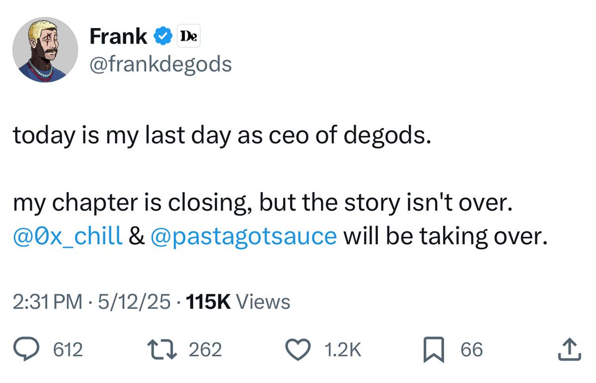 Frank DeGods Steps Down as CEO of DeGods NFT Project; Successors Named, NFT Prices Noted ...