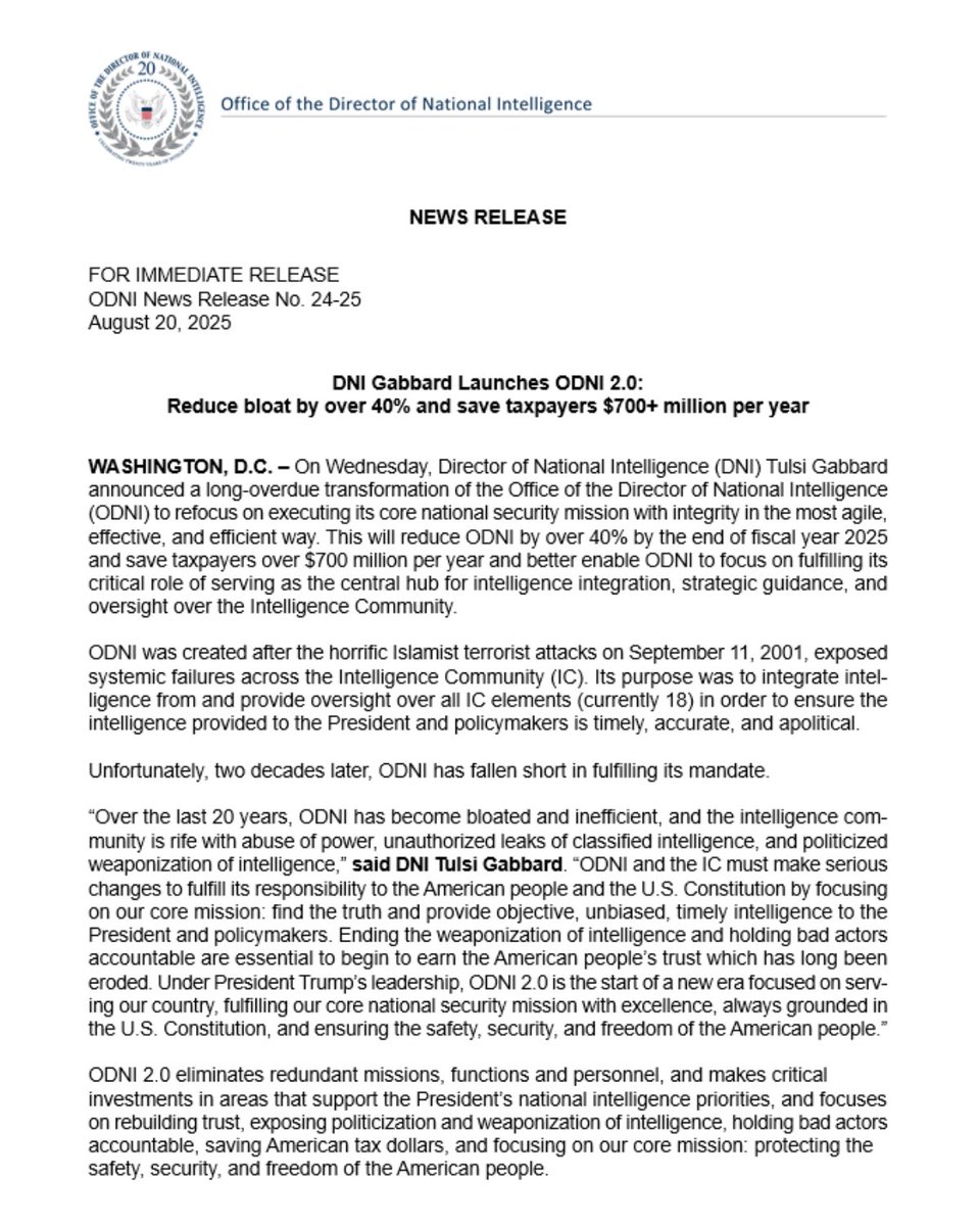 Gabbard Unveils ‘ODNI 2.0,’ Slashing Spy Agency Workforce 40% ...