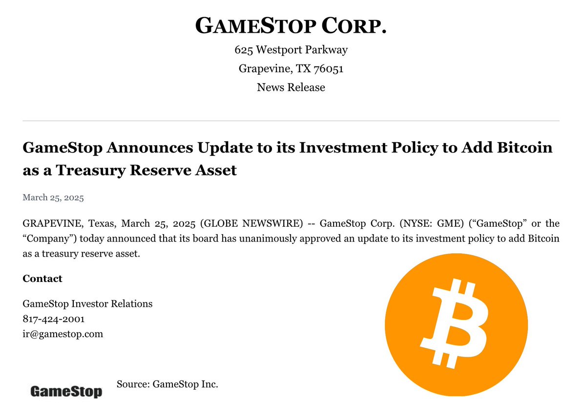 GameStop to Invest in Bitcoin as Treasury Reserve Asset Following Board ...