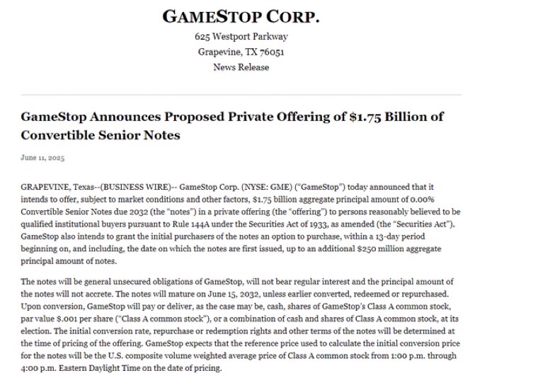 GameStop to Raise $1.75 Billion in 0% Convertible Notes; Shares Slide ...