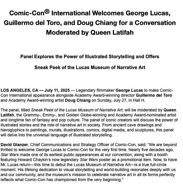 George Lucas Makes First San Diego Comic-Con Appearance July 27 With Guillermo del Toro, Queen ...