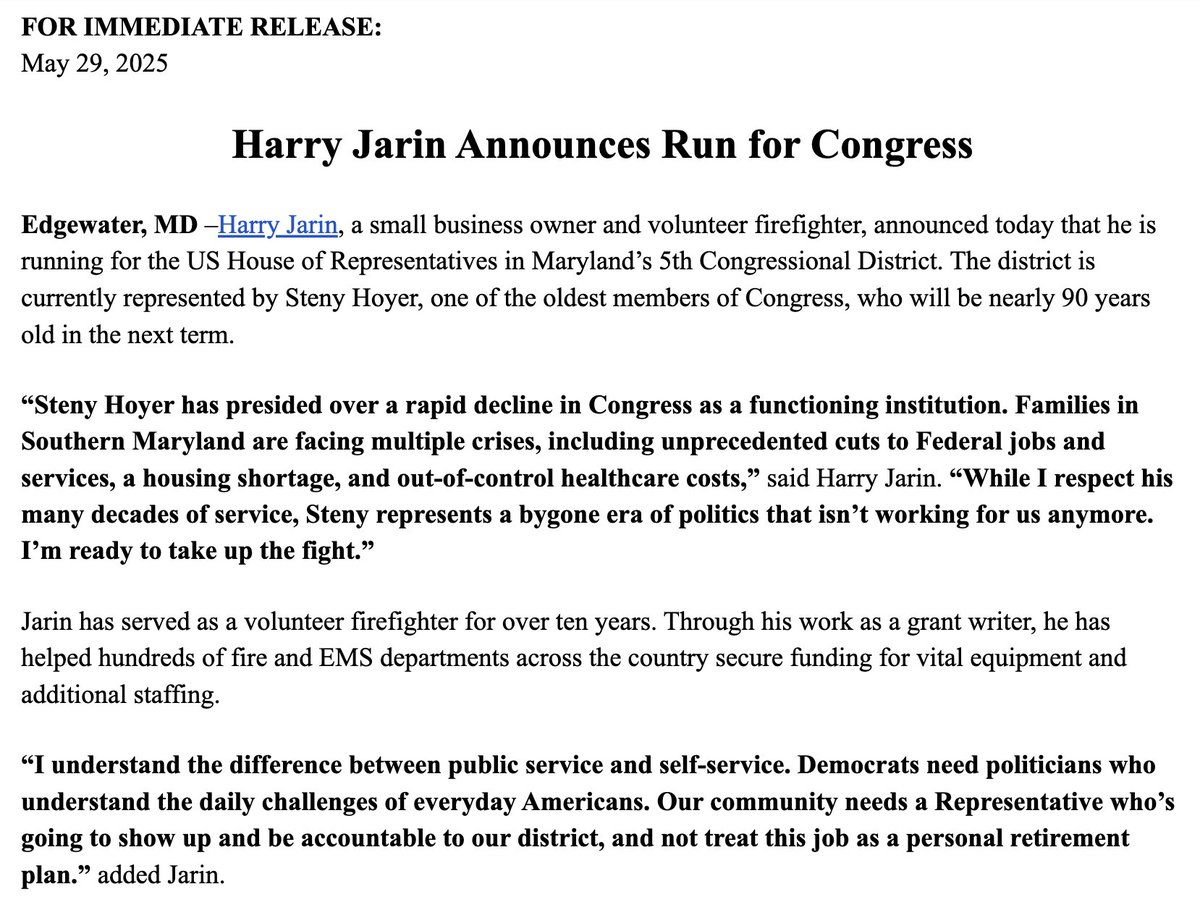 Harry Jarin Challenges Steny Hoyer in Maryland as Younger Democrats Eye ...