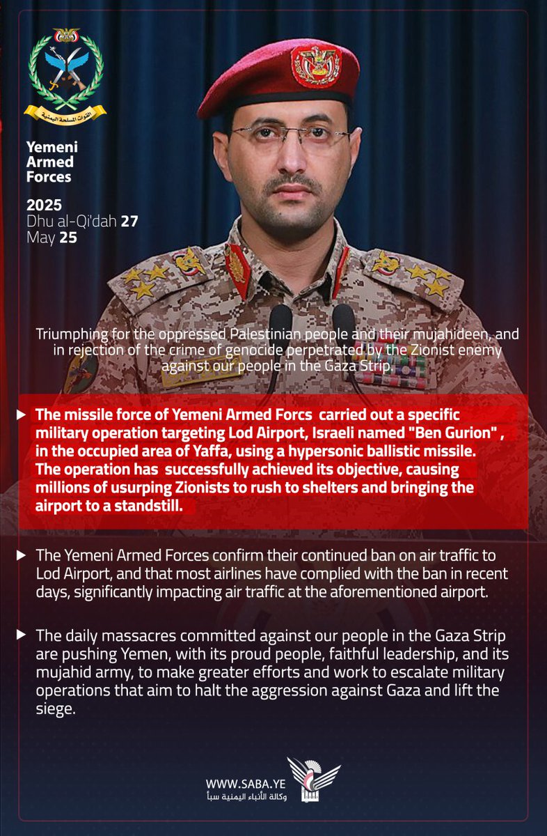 Houthis Launch Hypersonic Missile at Israel's Ben Gurion (Lod) Airport ...