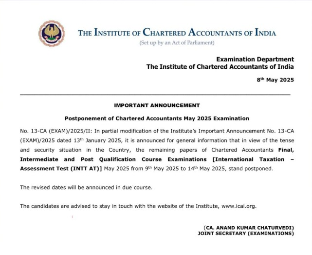 ICAI Postpones May 9-14 CA Final, Intermediate, PQC Exams Amid India ...