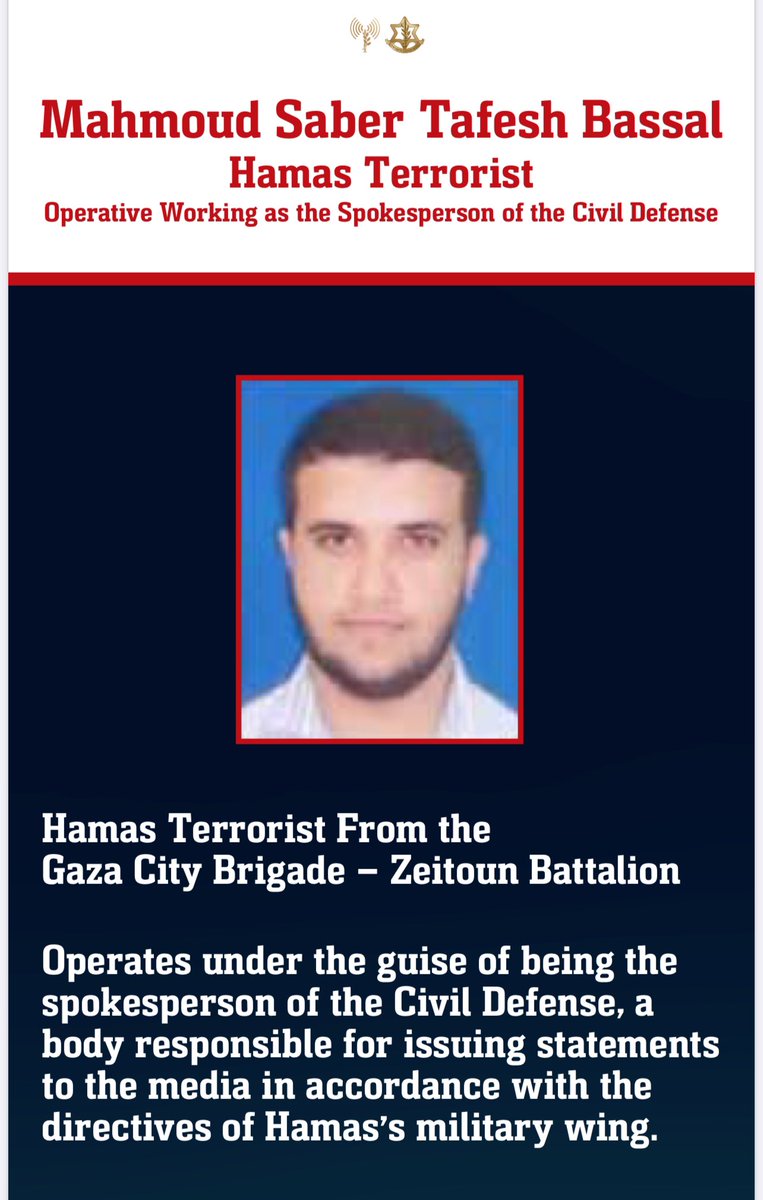 IDF Says Gaza Civil Defense Spokesman Mahmoud Bassal Is Hamas Operative ...