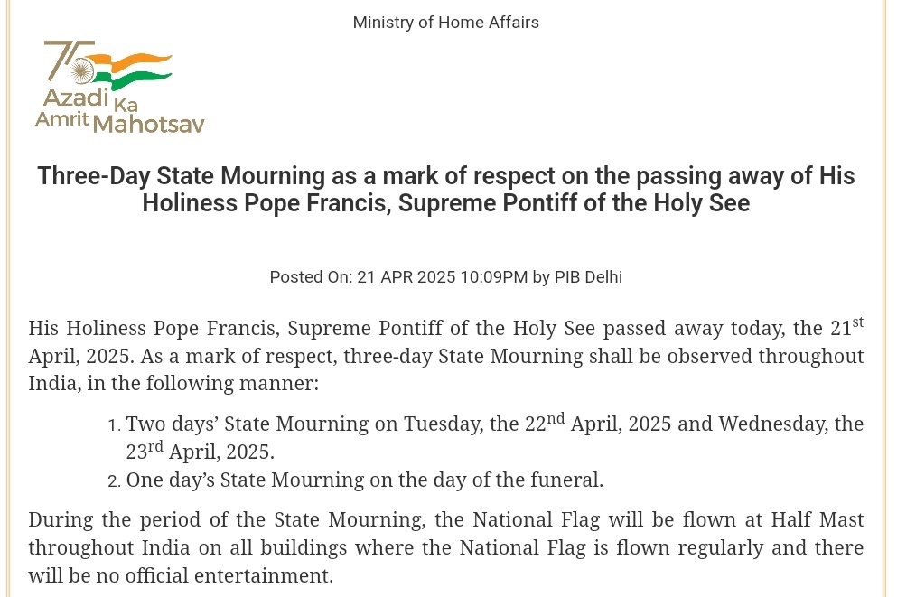 India Honors Pope Francis, Supreme Pontiff of Holy See, With Three-Day Mourning Starting April ...