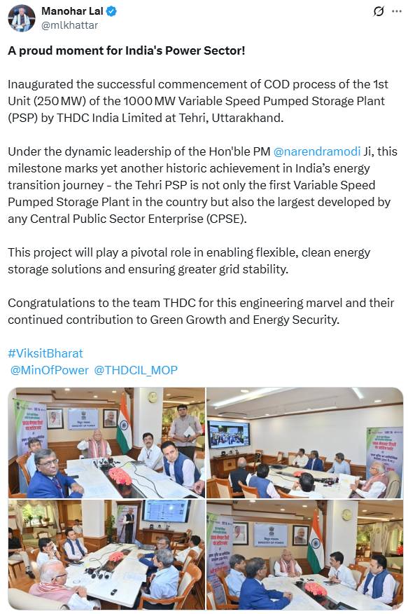 India Launches Commercial Operation of 250 MW First Unit of Tehri ...