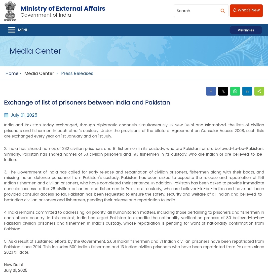 India and Pakistan Swap Annual Prisoner Lists Under 2008 Pact ...