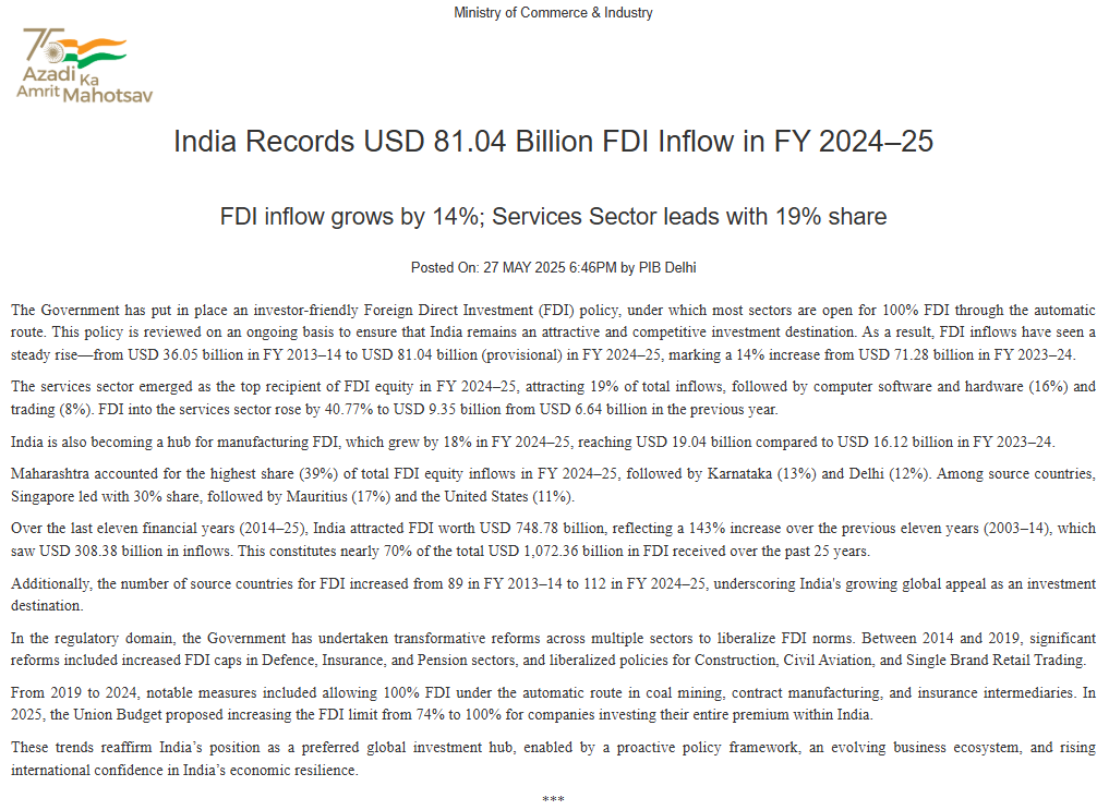 India Records $81.04 Billion FDI Inflows in FY 2024–25, With 13% Equity ...